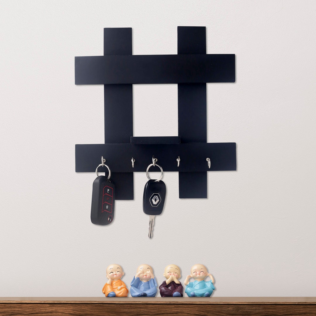 Set of 4 Baby Buddha Monk Sitting Wooden Black Keyholder With 5 Key ...