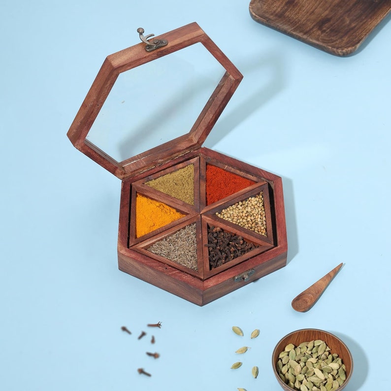 Indian Handmade Spice Storage Box Sheesham Wood Masala Dabba Cooking ...