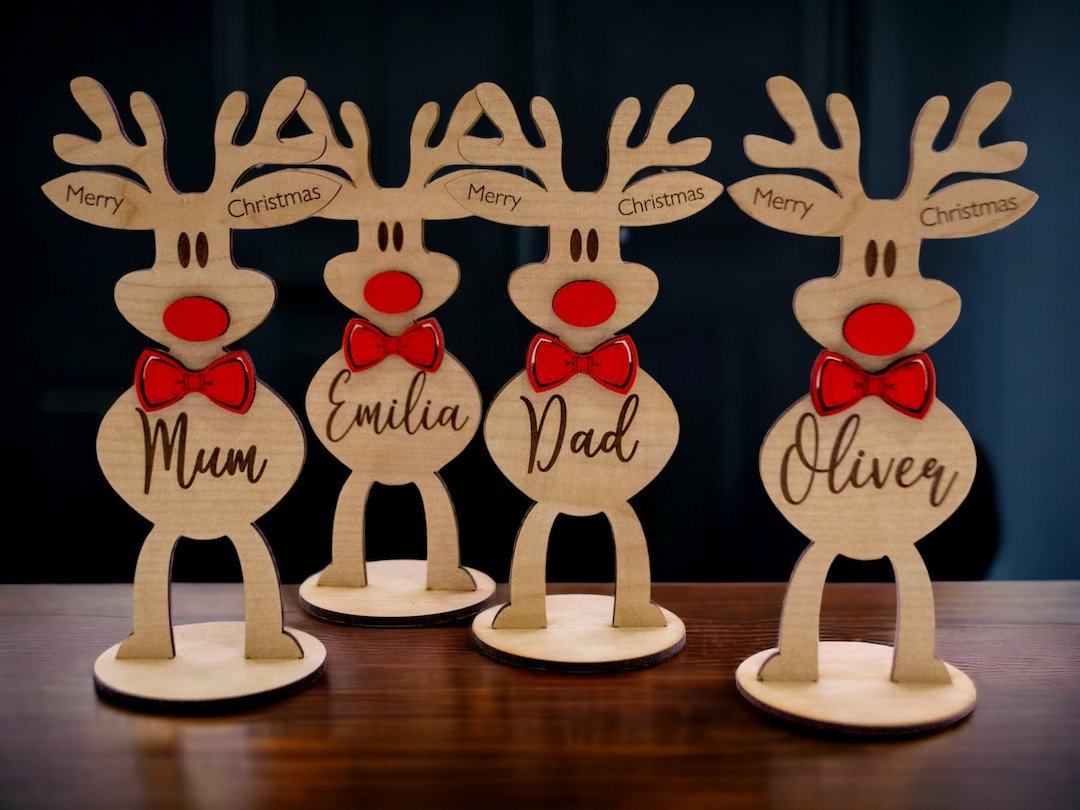 Personalized Standing Reindeer Name Tag: Maple Color Wood Christmas ...