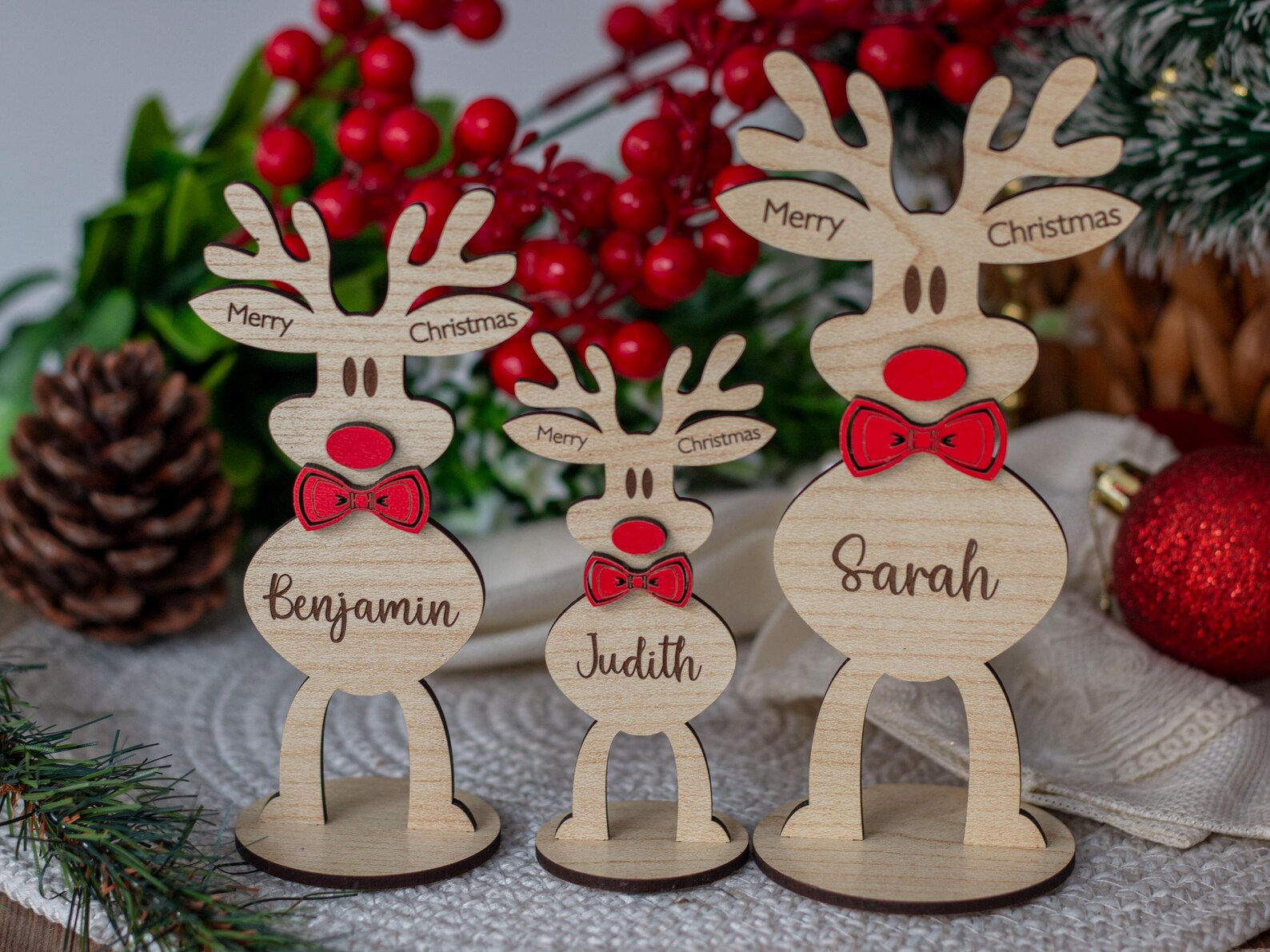 Personalized Reindeer Christmas Place Card: Engraved Wood Table Setting ...