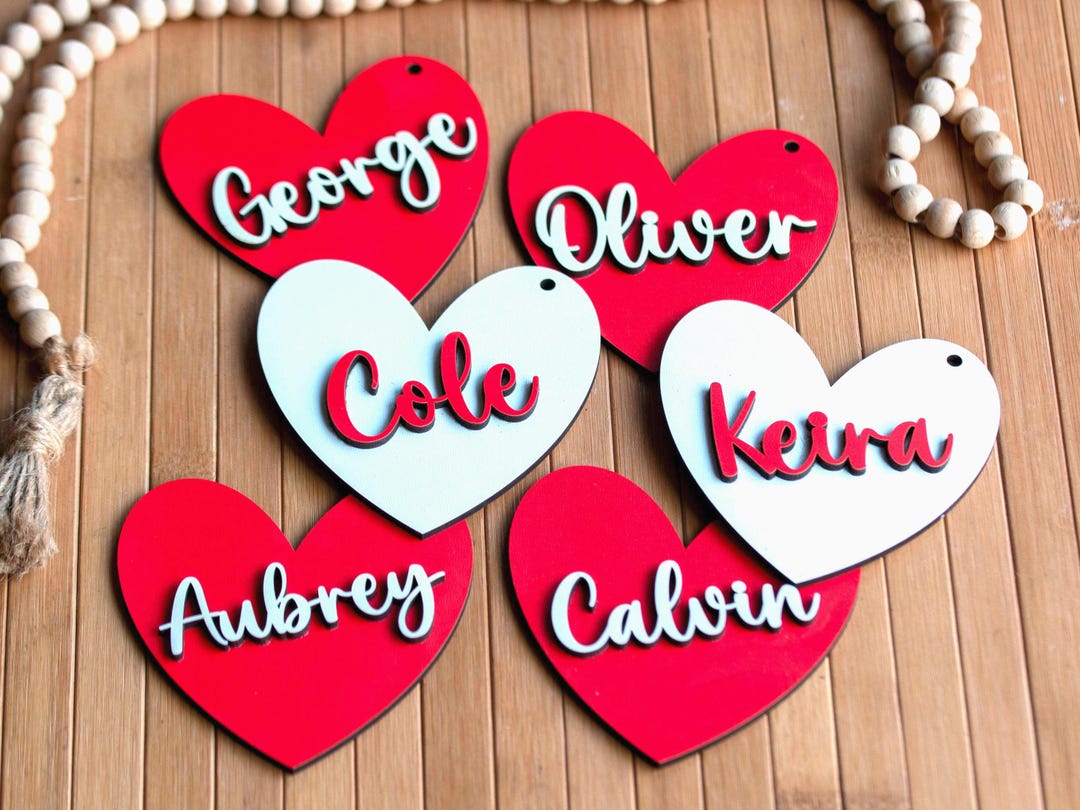 Valentines Day Basket Tags, Valentines Name Tags, Wooden Heart Name ...
