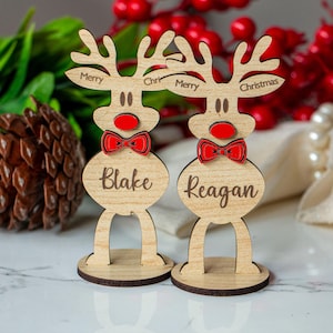 Personalized Standing Reindeer Place Cards : Maple Color Wood Christmas ...