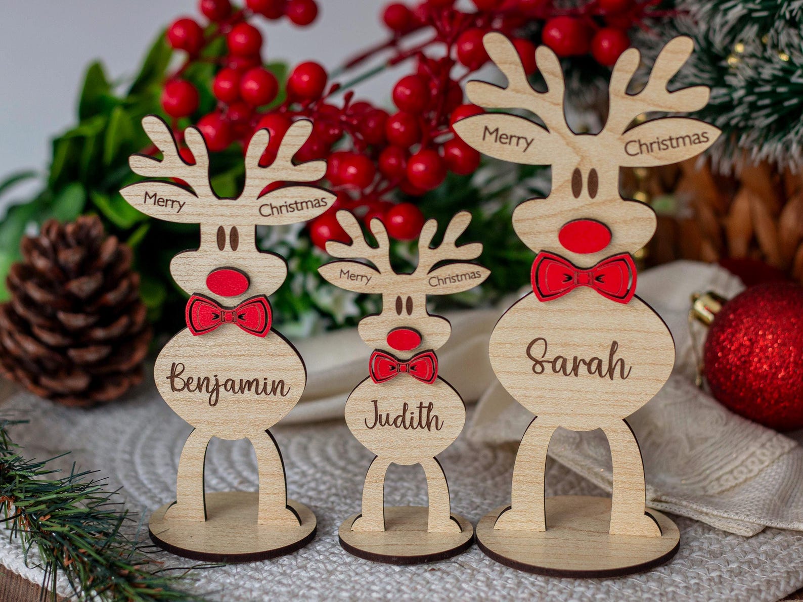 Personalized Standing Reindeer Place Cards : Maple Color Wood Christmas ...