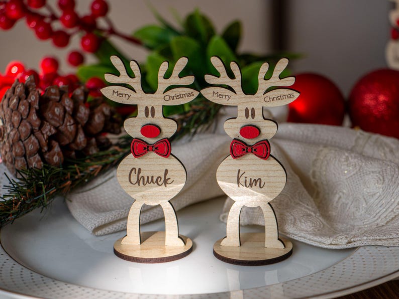 Personalized Standing Reindeer Place Cards : Maple Color Wood Christmas ...