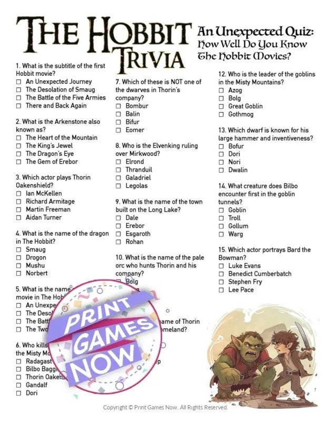 The Hobbit an Unexpected Quiz Printable Trivia Party Game Lord of the ...