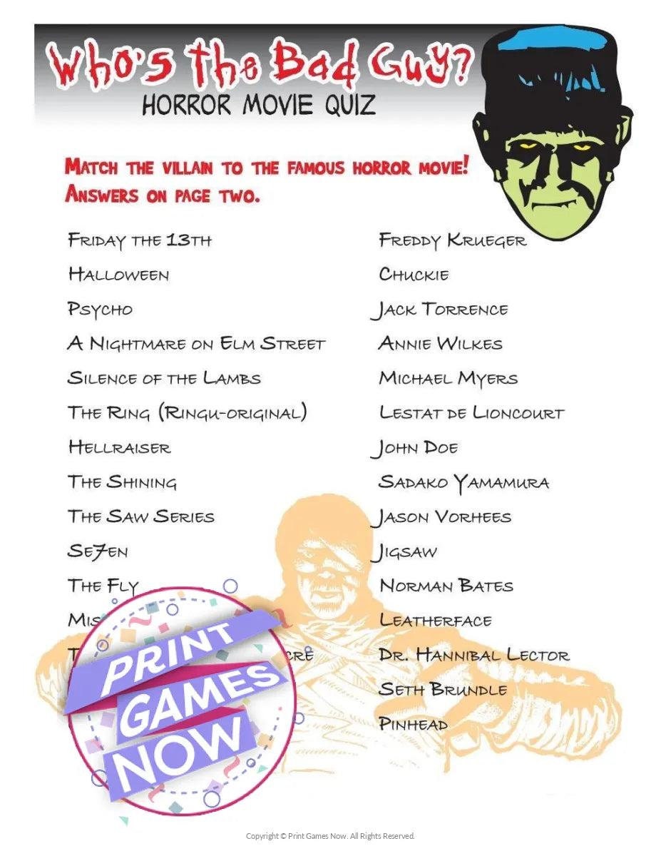 Halloween Whos the Bad Guy Horror Movie Quiz Game, Printable, Film ...