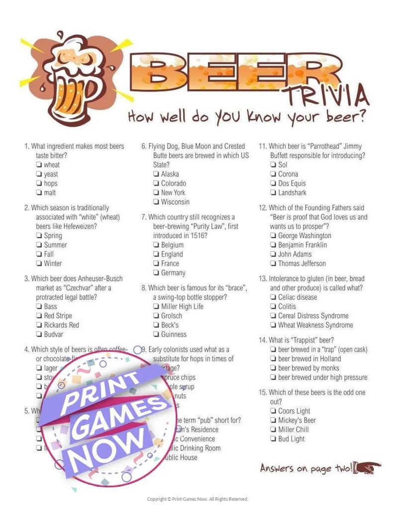Beer Facts Trivia Multiple Choice Party Game Quiz, Beer Quiz, Drinking ...