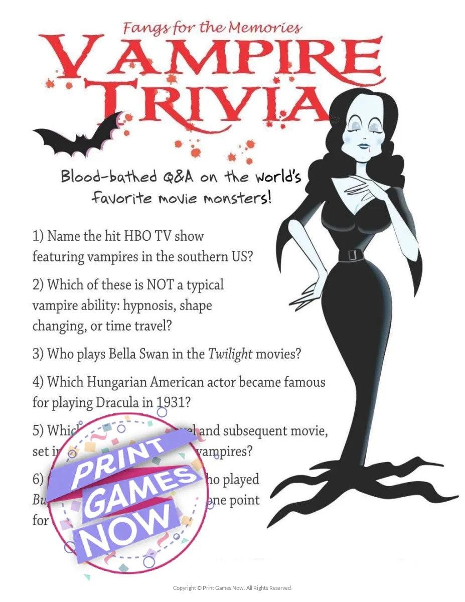 Halloween Vampire Movie Trivia Quiz Party Game, Downloadable, Printable ...