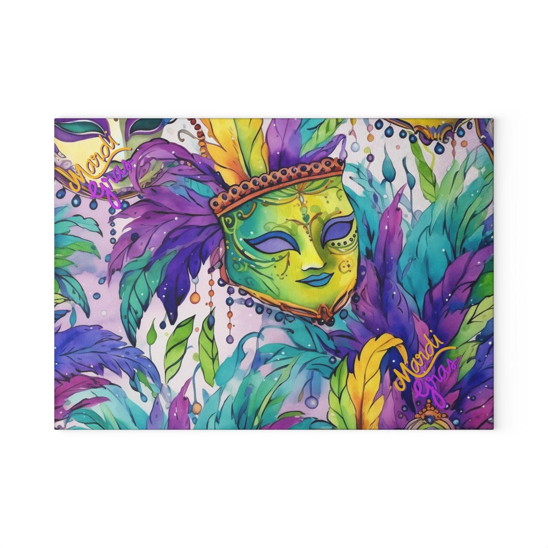 Green Mardi Gras Mask With Feathers Glass Cutting Board, Celebrate the ...