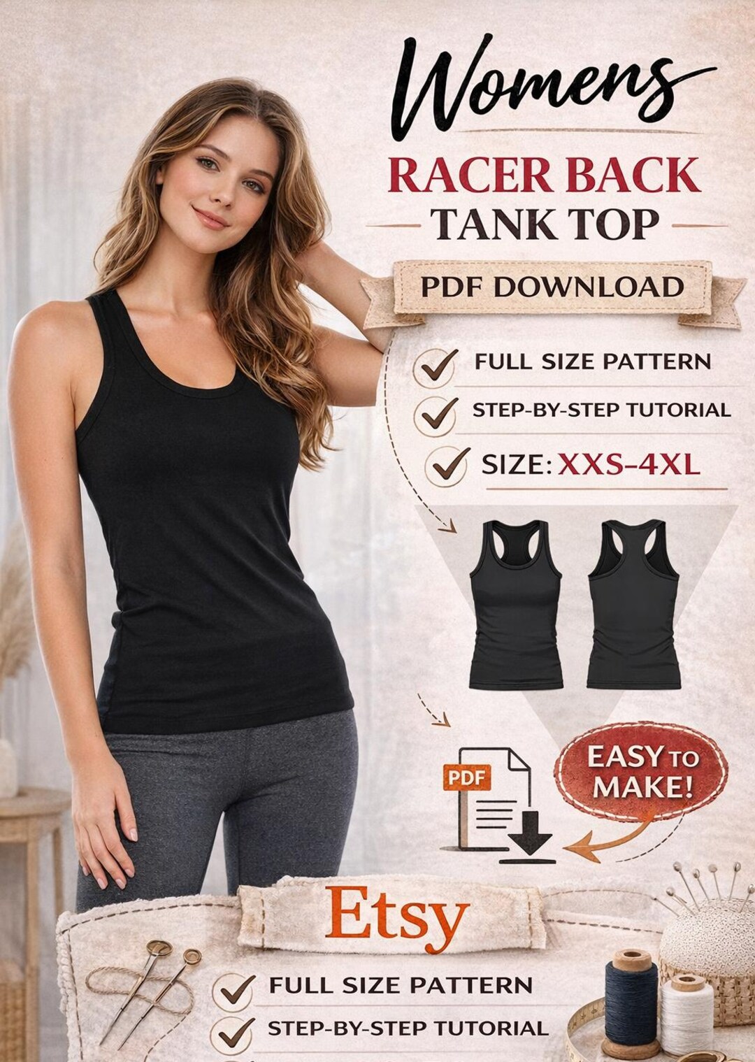 Womens Racer Tank Top Pdf Pattern/ Size XXS-4XL / Digital Sewing ...