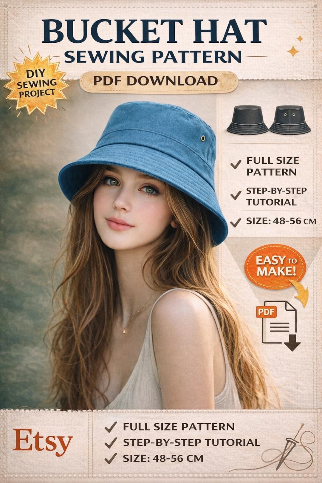 Unisex Bucket Hat Pattern / Extra Easy Illustrated Step by Step ...