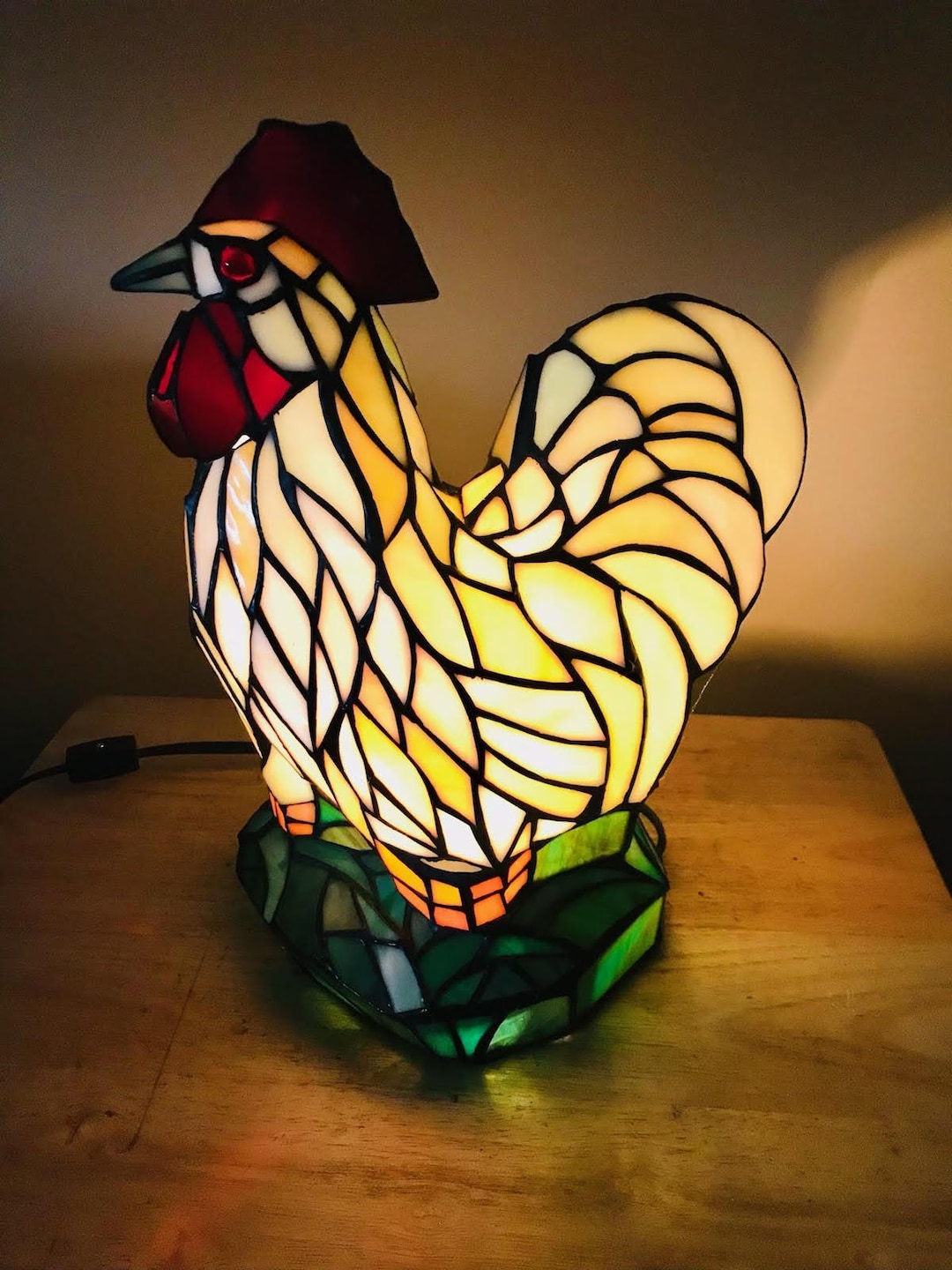 Vintage Rooster Chicken Table Lamp Night Light Tiffany Style Stained ...