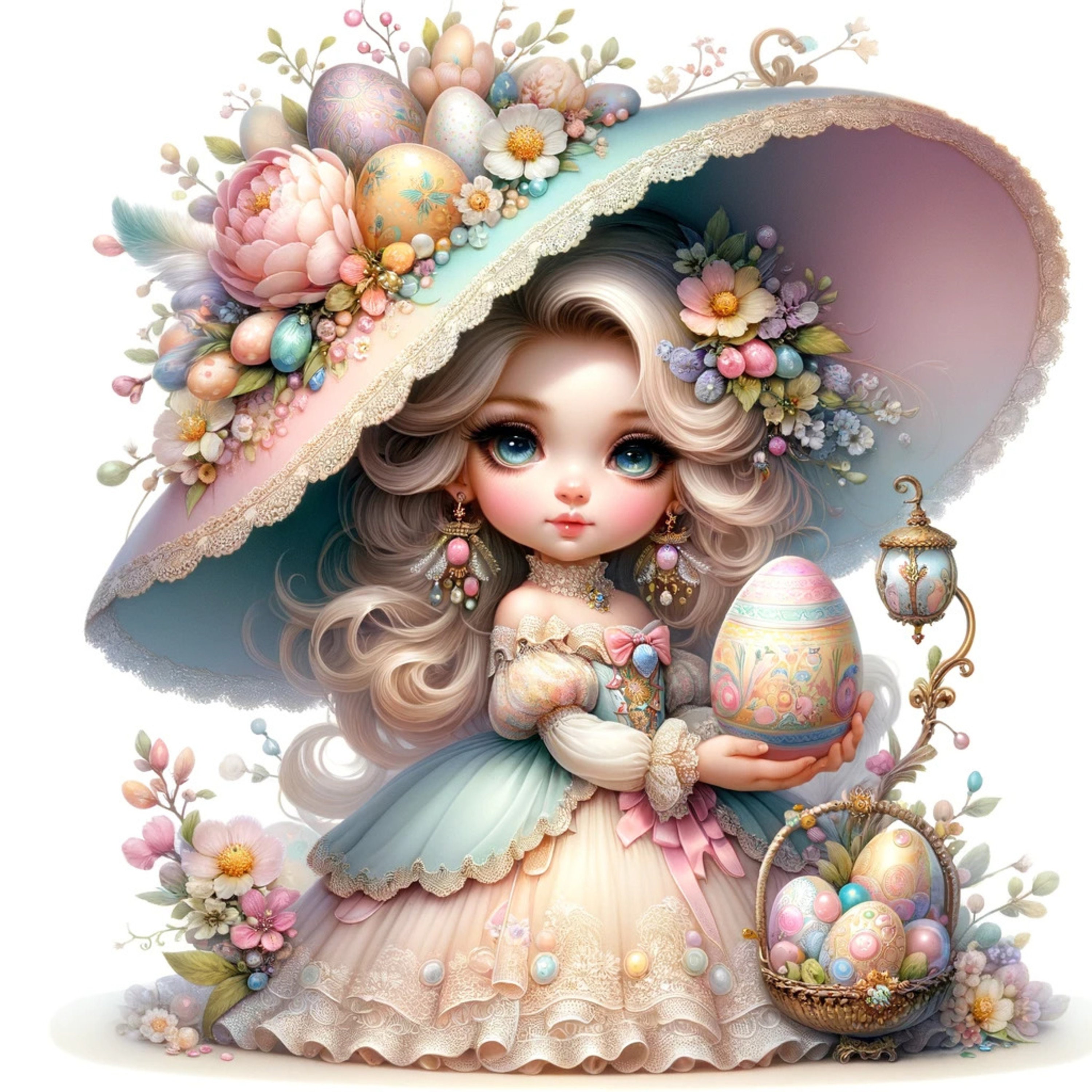 13 JPG Beautiful Girl With Easter Eggs in the Hat Watercolor ...