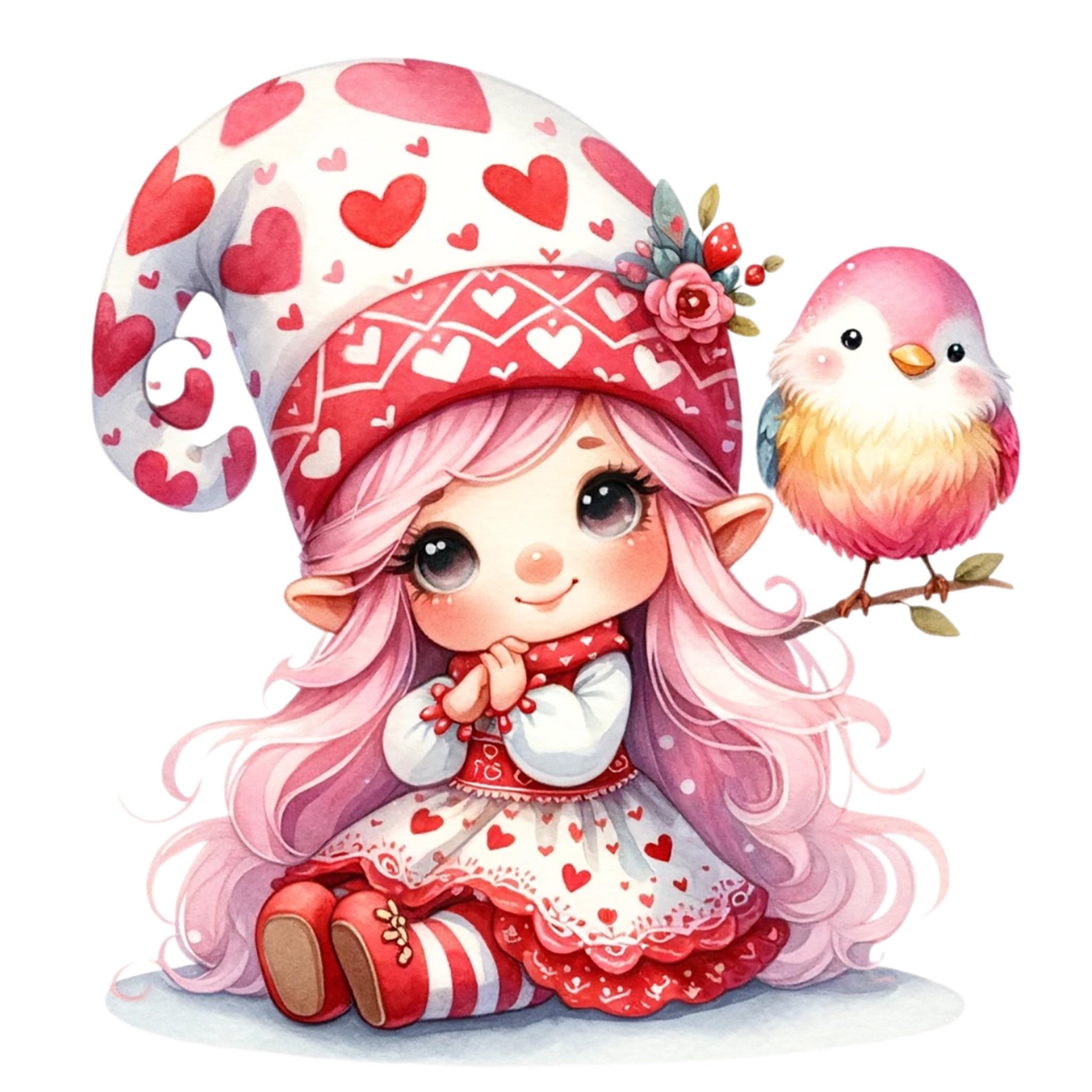 12 PNG Watercolor Illustration of a Cute Gnome Girl in a Sitting Pose ...