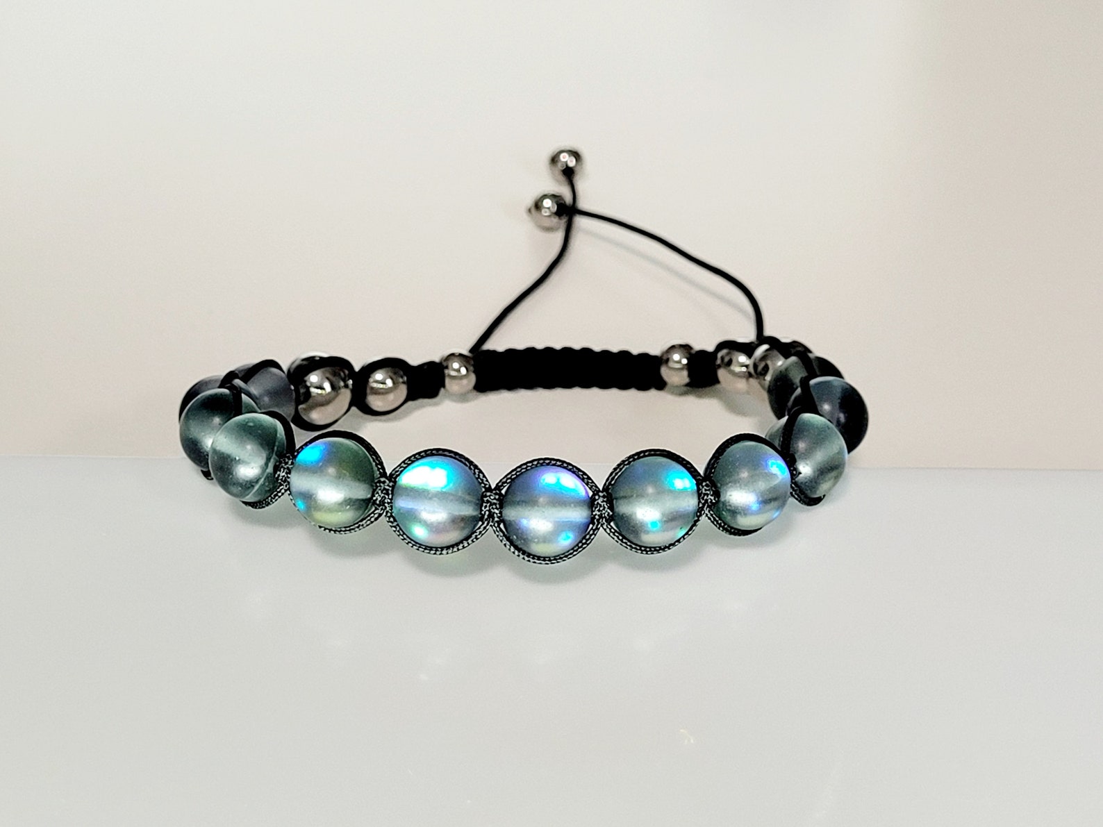 Matte Gray Mystic Aura Bead Adjustable Bracelet: 8mm Glass Bead, Boho ...