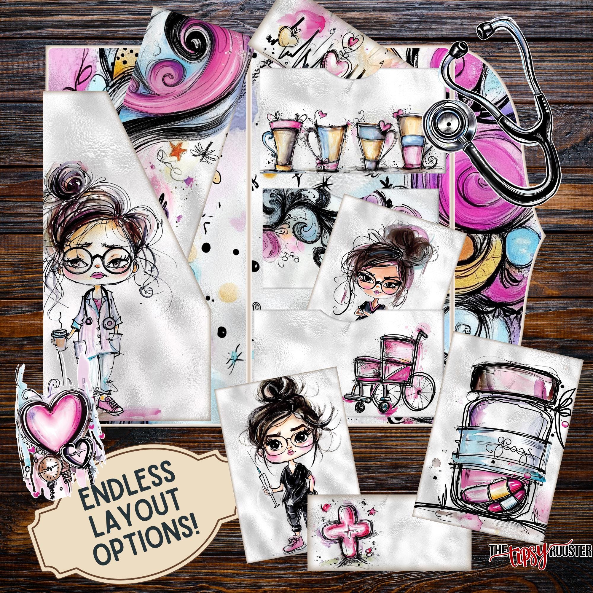 Cute Nurse Junk Journal, Folio Kit, RN Gift for Her, Doodle Ephemera, Printable Digital Papers ...