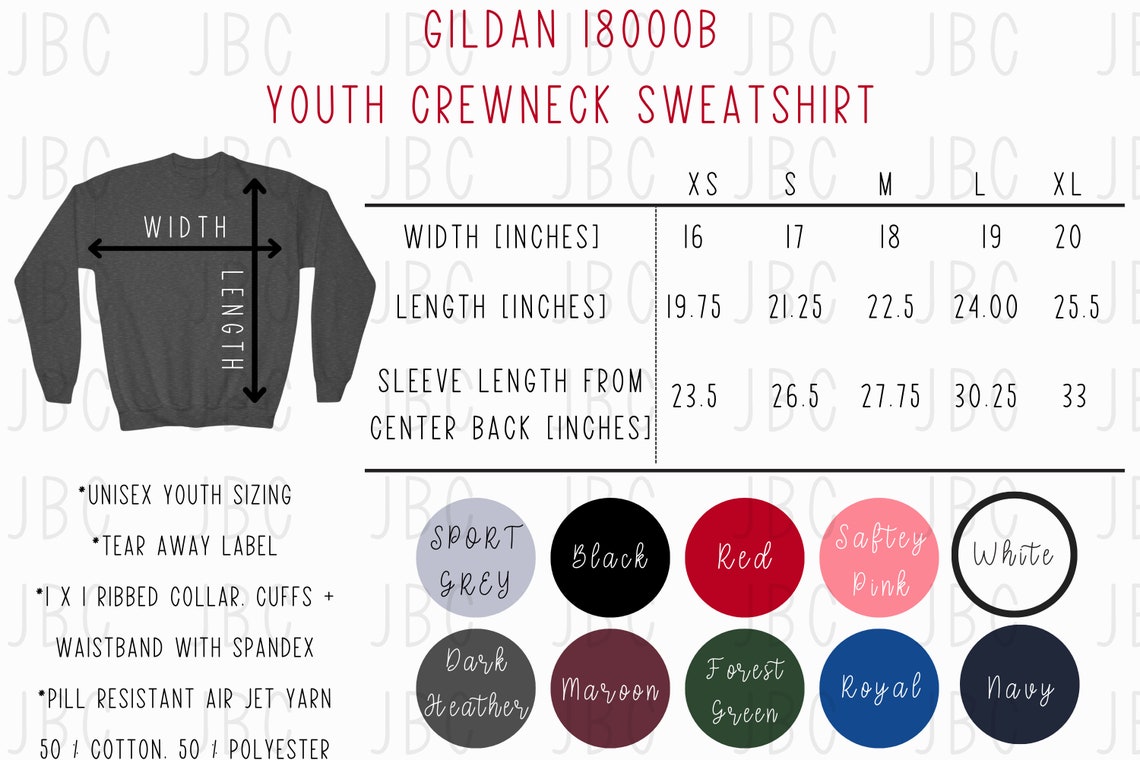 Gildan 18000B Size + Color Chart, Gildan 18000b Mockup, G180B Size ...