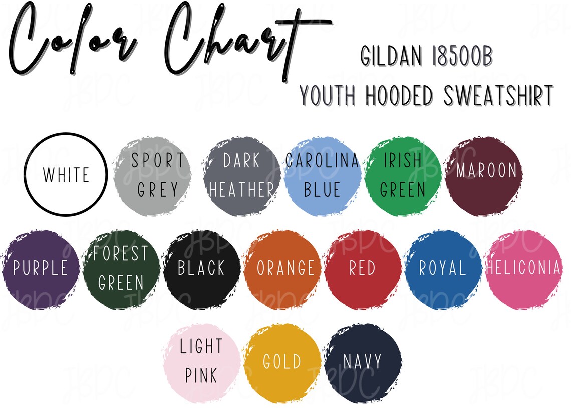 Gildan 18500b Size and Color Chart, G185B Youth Hooded Sweatshirt Color ...