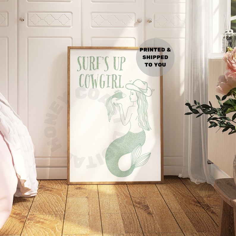 Surfs up Cowgirl Cowboy Mermaid Sketch Typography Digital Print in Sage ...