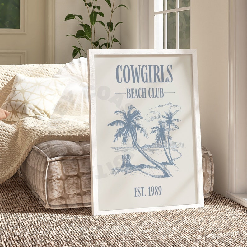Coastal Cowgirl Digital Prints, Trendy Retro Blue Cowgirls Beach Club ...