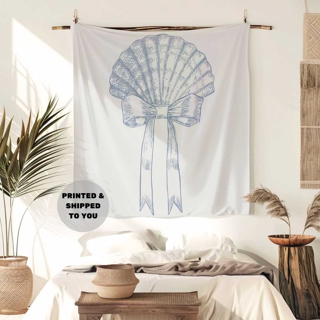 Seashell With Bow Sketch Tapestry in Coastal Blue, Vintage Coastal ...