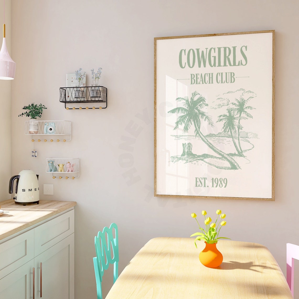 Coastal Cowgirl Digital Prints, Trendy Retro Green Cowgirls Beach Club ...