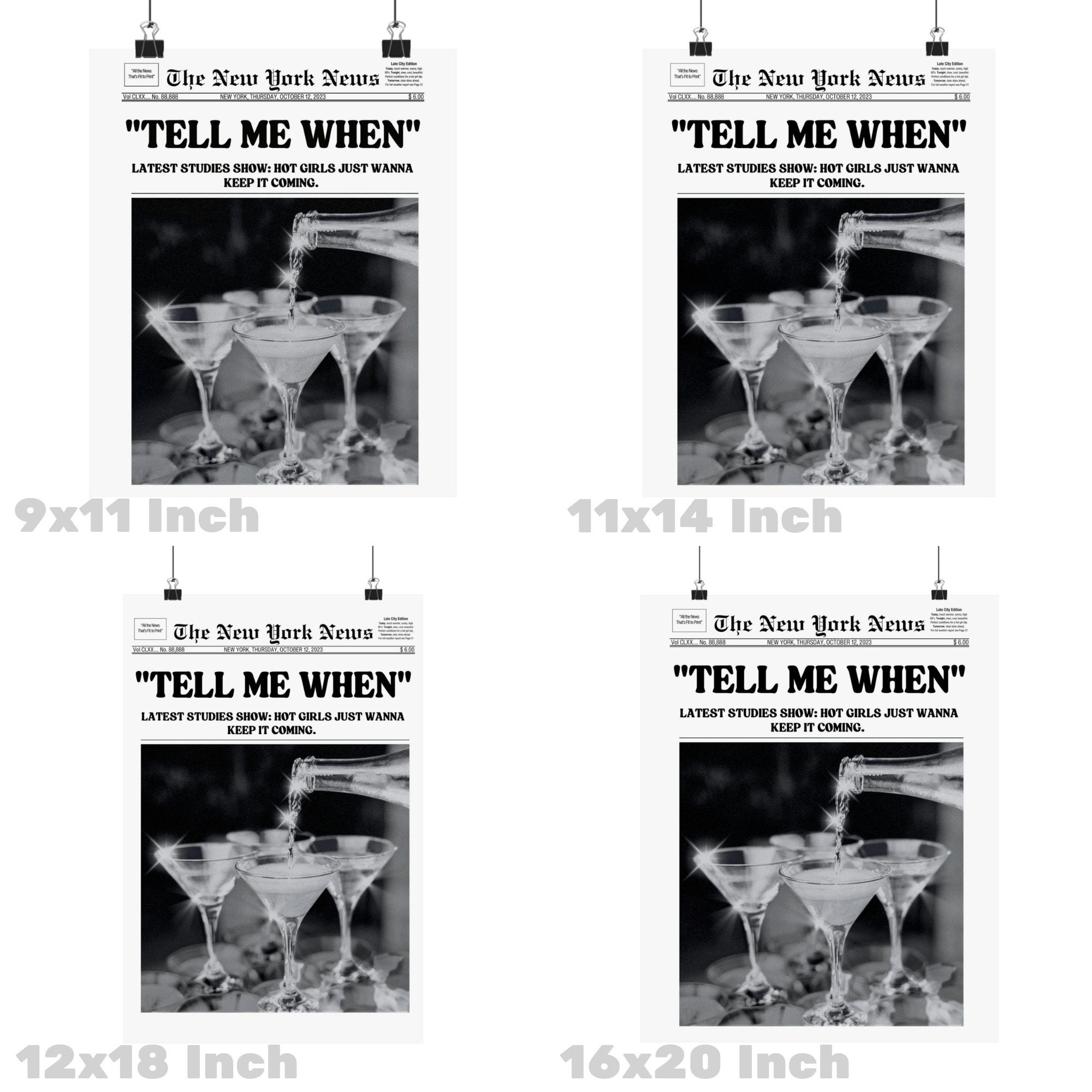 Trendy Retro Newspaper Print, Tell Me When News Posters, Champagne ...