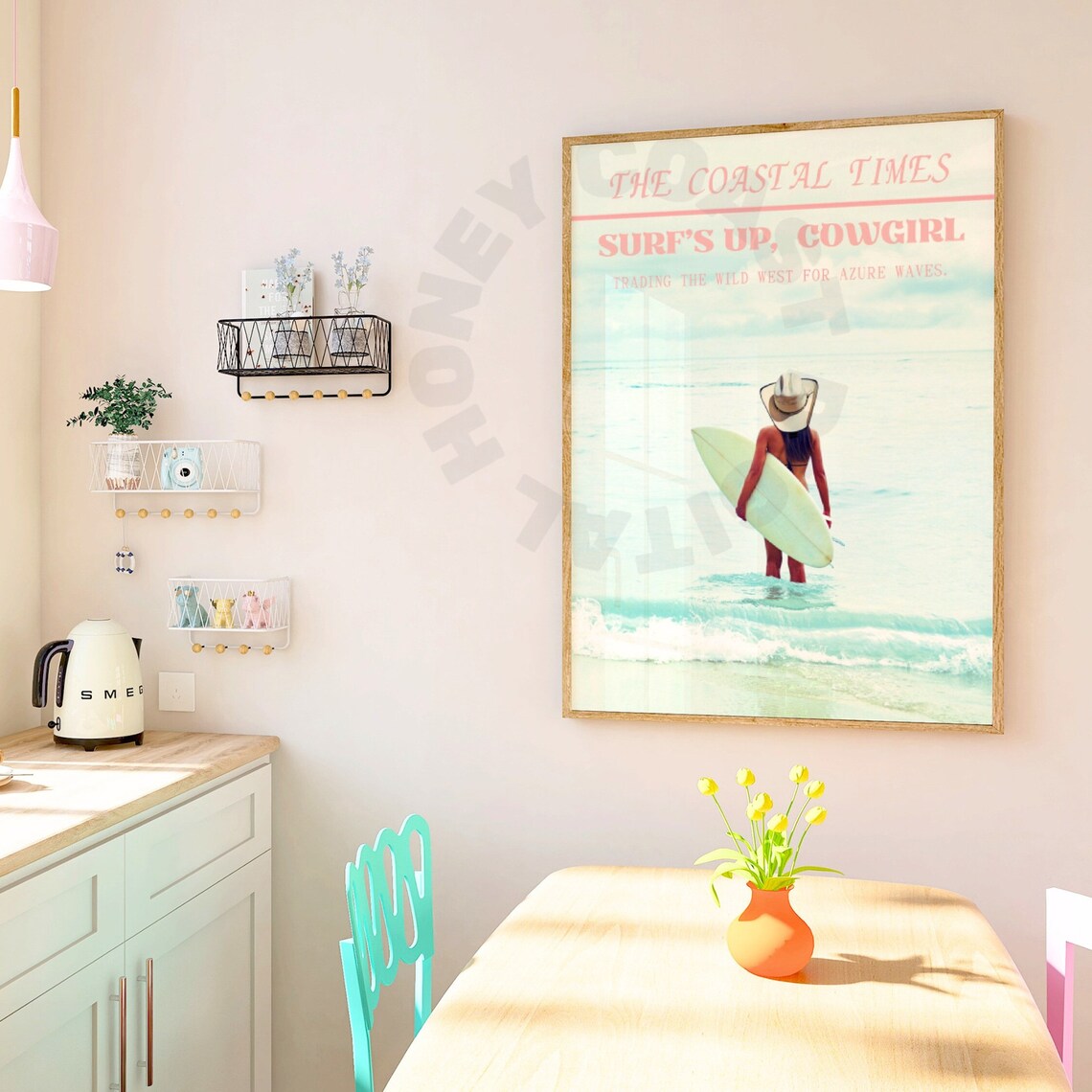 Surfs up Cowgirl Retro Newspaper Digital Print, Trendy Coastal Cowgirl ...