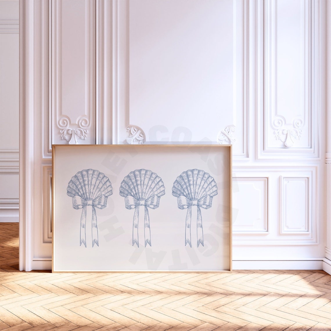 Landscape Seashell With Bow Sketch Print in Coastal Blue, Coastal ...