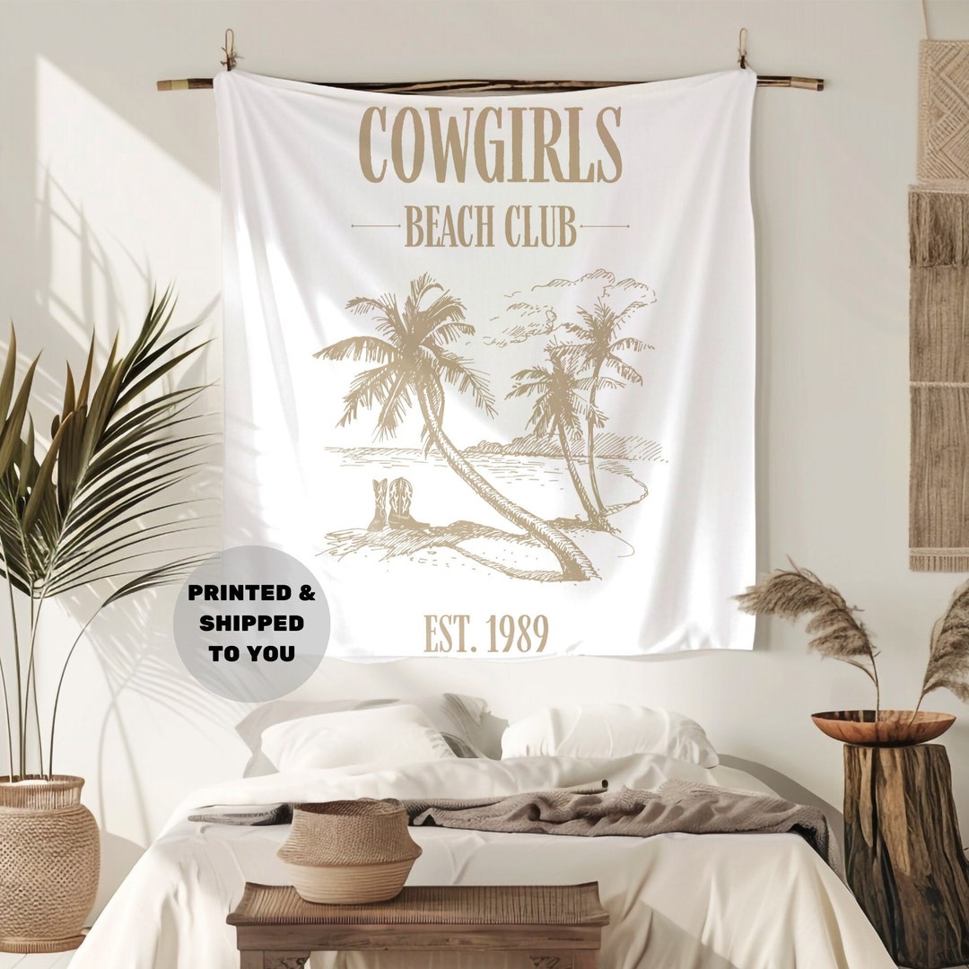 Neutral Beige Cowgirl Tapestry, Trendy Retro Cowgirls Beach Club Banner ...