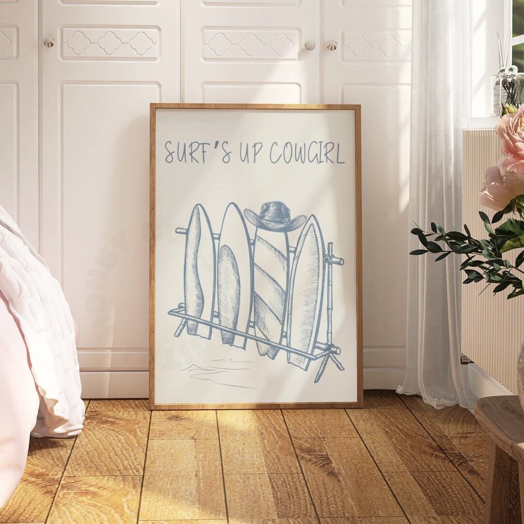 Coastal Cowgirl Digital Prints, Trendy Surfboards & Cowboy Hat Print in ...