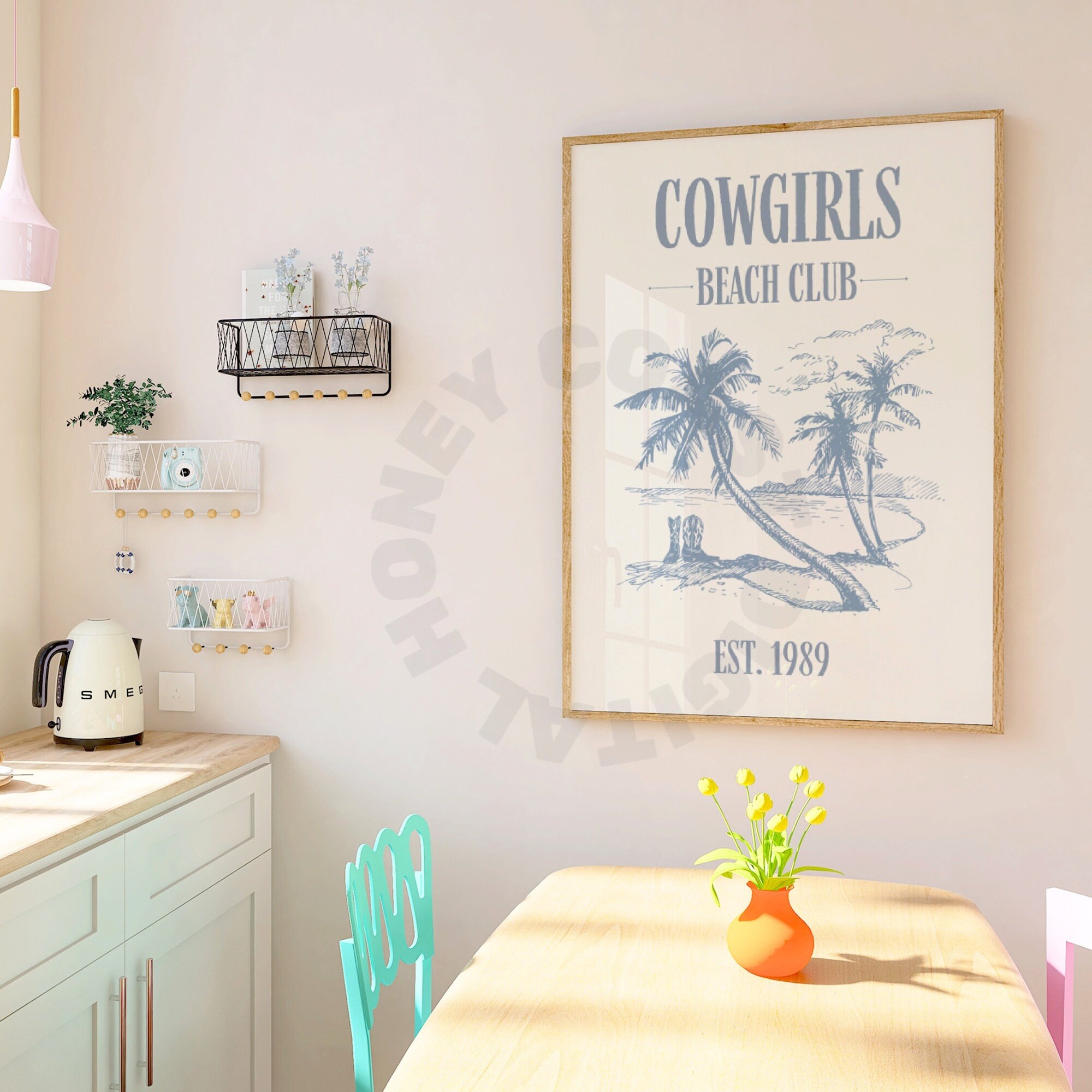 Coastal Cowgirl Digital Prints, Trendy Retro Blue Cowgirls Beach Club ...
