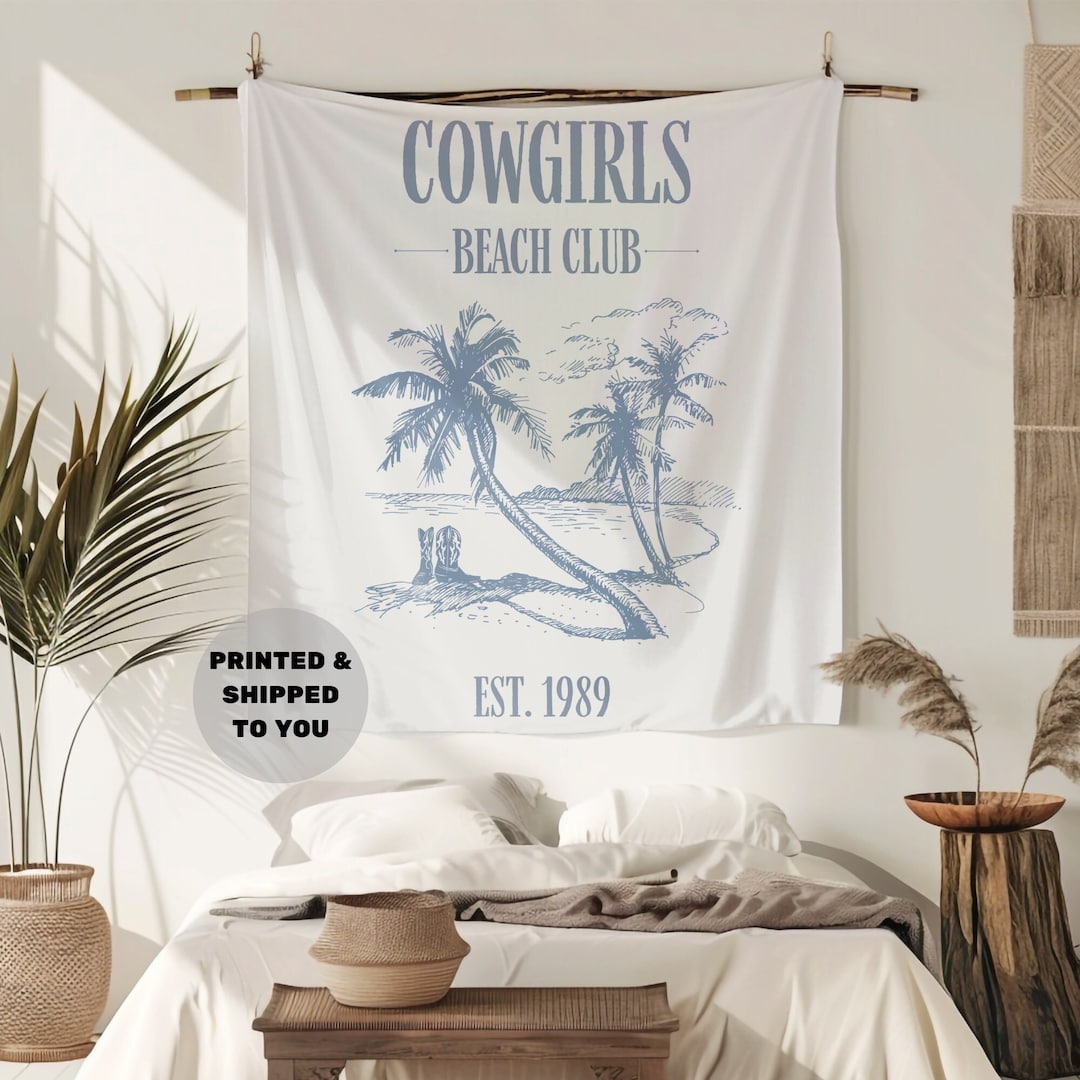 Coastal Blue Cowgirl Tapestry, Trendy Retro Cowgirls Beach Club Banner ...