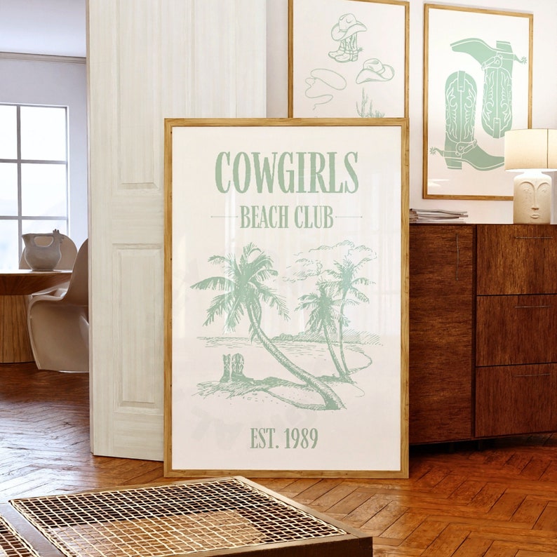 Coastal Cowgirl Digital Prints, Trendy Retro Green Cowgirls Beach Club ...