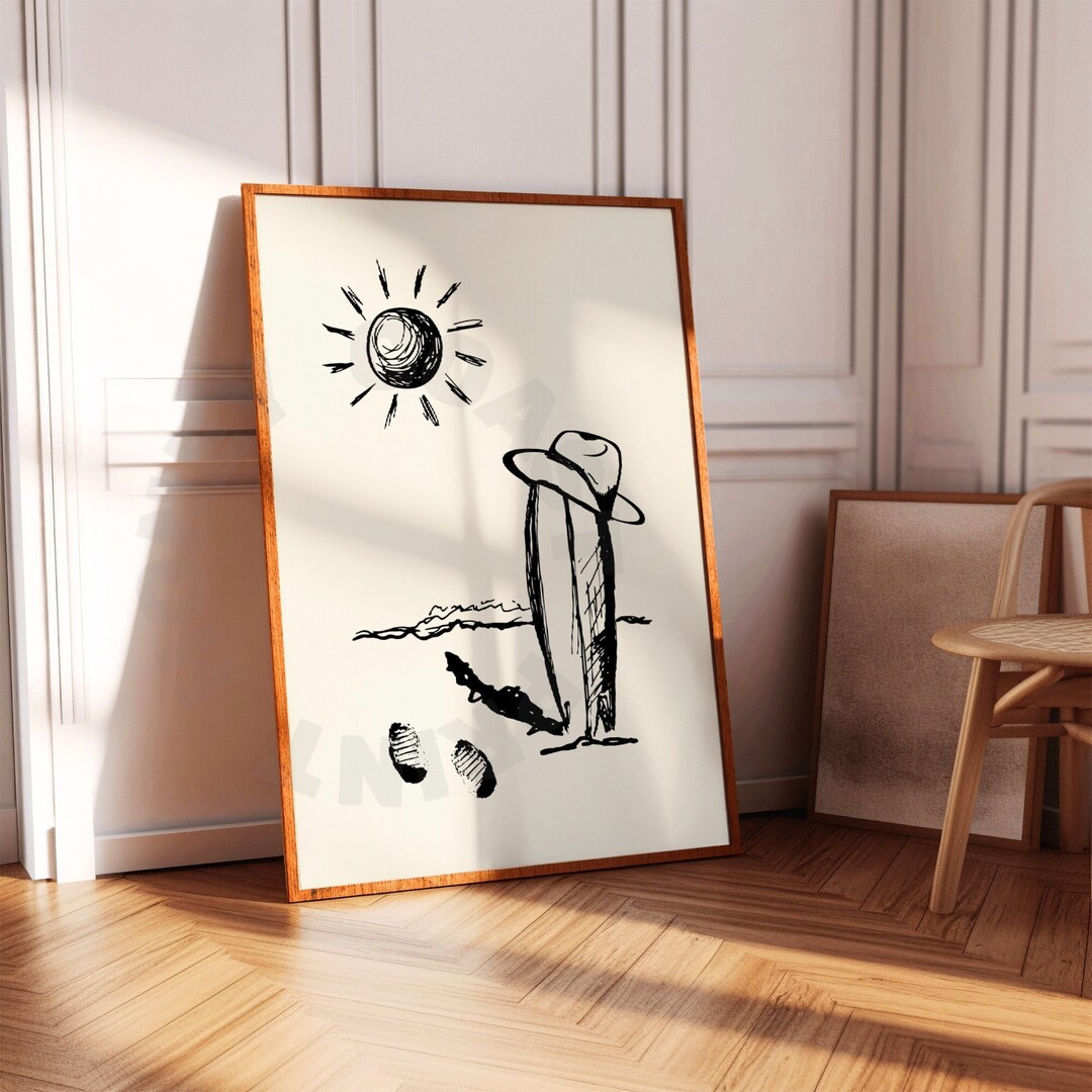 Hand Drawn Surfboard & Cowboy Hat Digital Print in Vintage Black ...