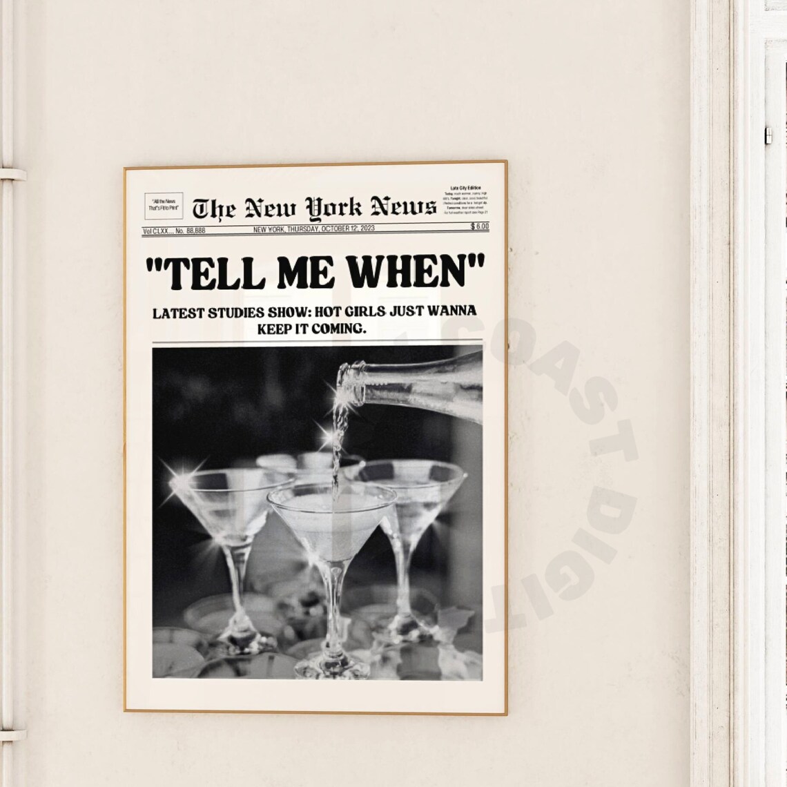 Trendy Retro Newspaper Print, Tell Me When News Posters, Champagne ...