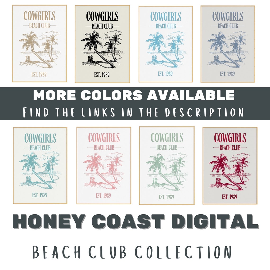 Coastal Cowgirl Digital Prints, Trendy Retro Pink Cowgirls Beach Club ...