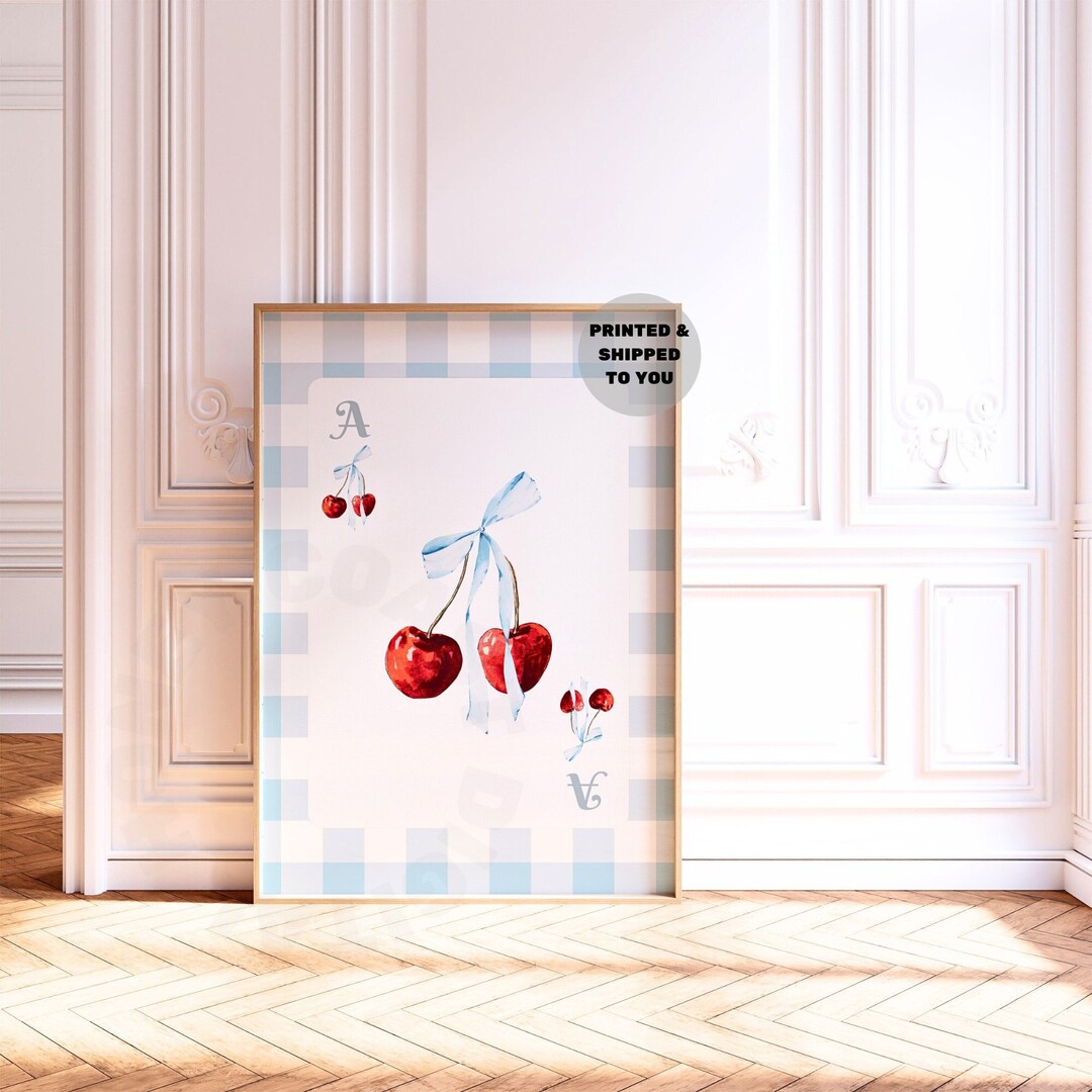 Cherry With Baby Blue Bow Playing Card Print, Coquette Vintage Hair Bow ...
