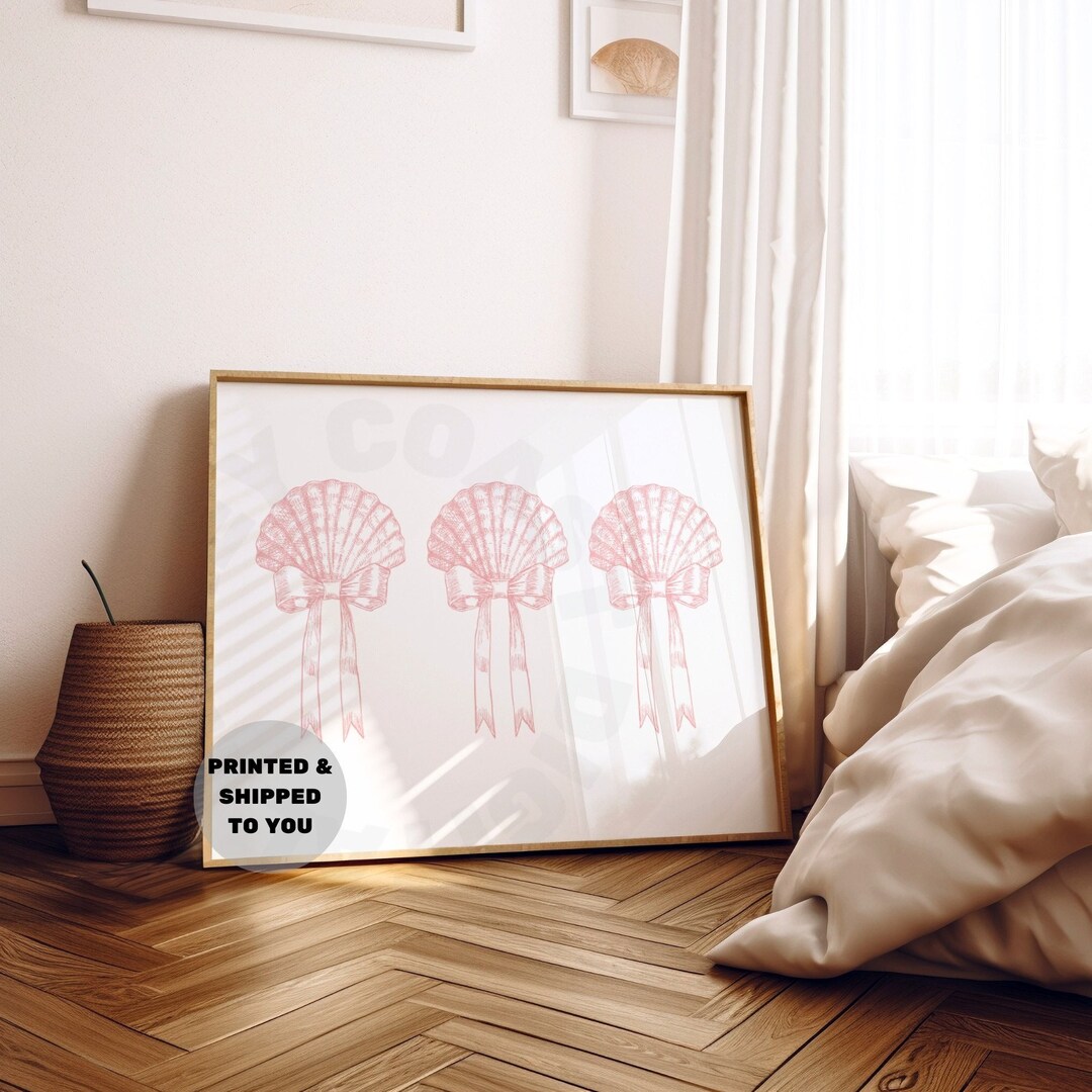 Landscape Seashell With Bow Sketch Print in Pastel Pink, Coastal ...