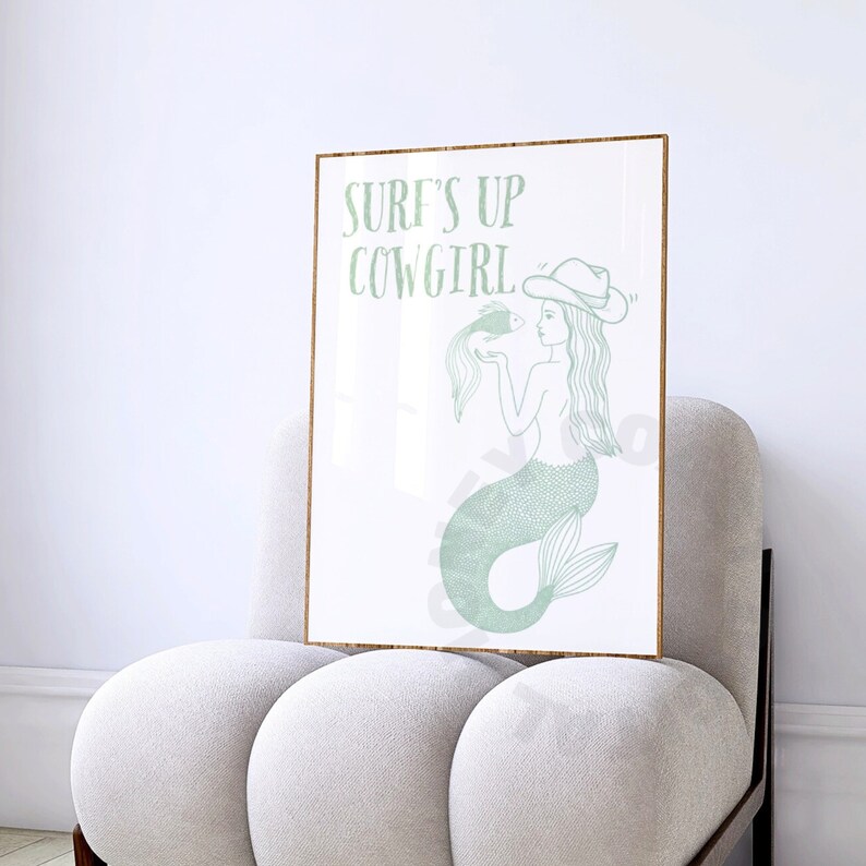 Surfs up Cowgirl Cowboy Mermaid Sketch Typography Digital Print in Sage ...