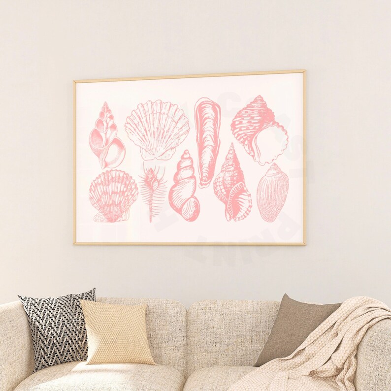 Landscape Pastel Pink Seashells Sketch Print, Trendy Coastal Cowgirl ...