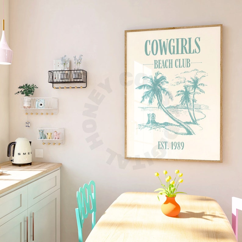 Coastal Cowgirl Digital Prints, Trendy Retro Blue Cowgirls Beach Club ...