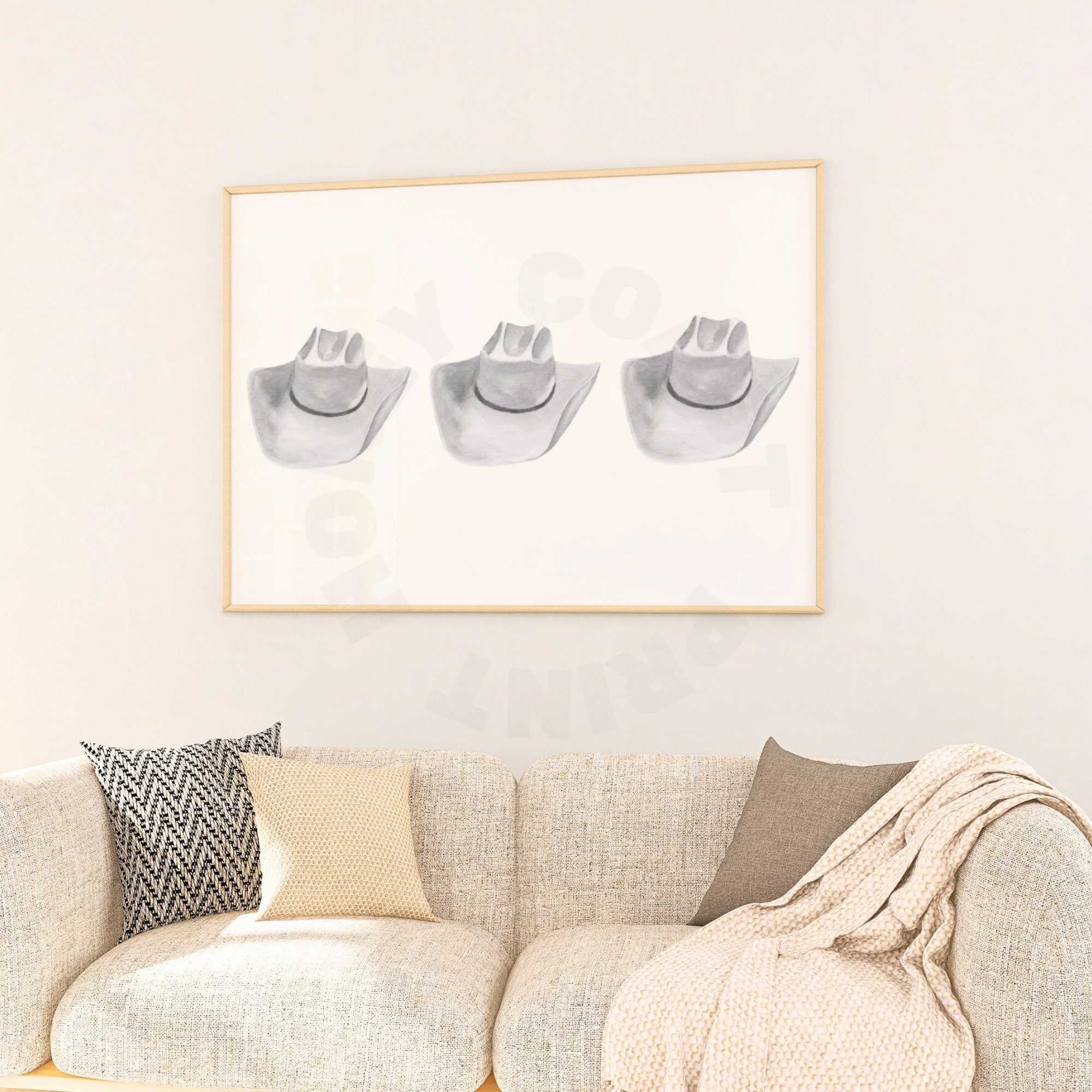 Landscape Watercolor Monotone Cowboy Hat Digital Print, Trendy Coastal ...