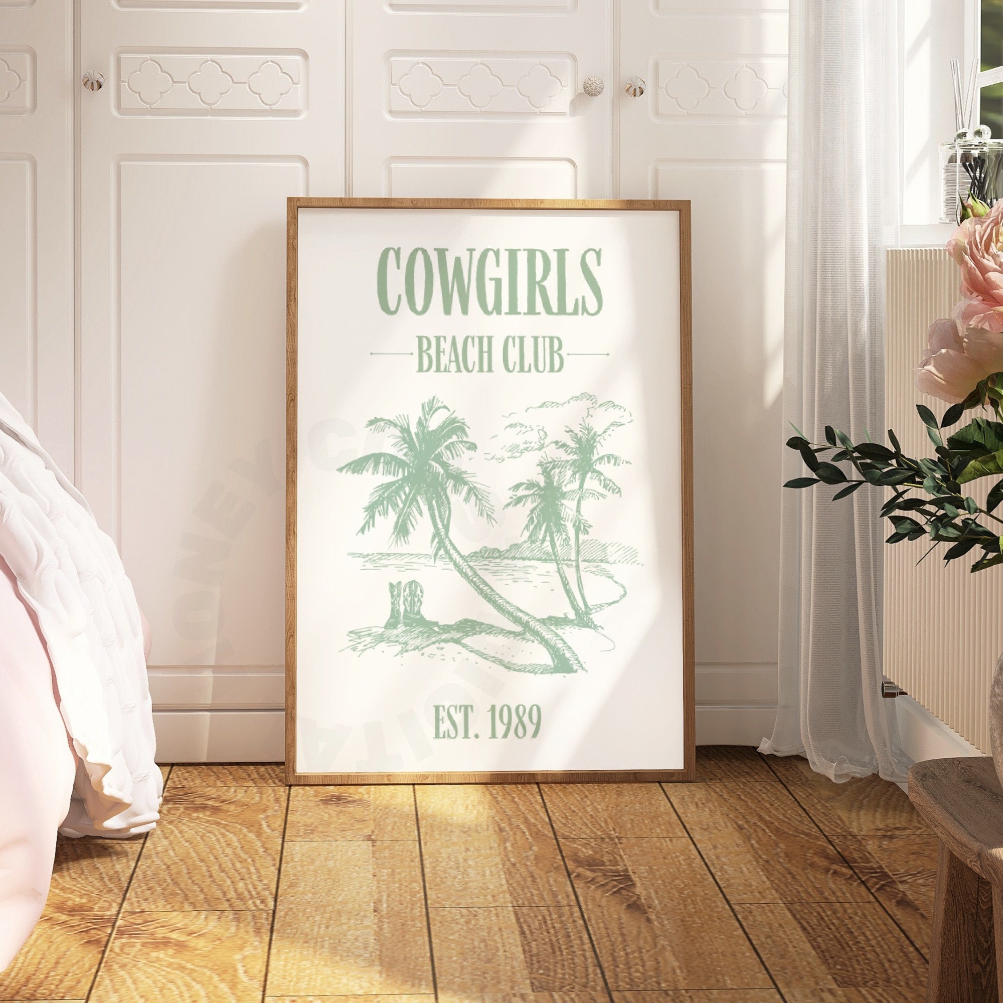 Coastal Cowgirl Digital Prints, Trendy Retro Green Cowgirls Beach Club ...