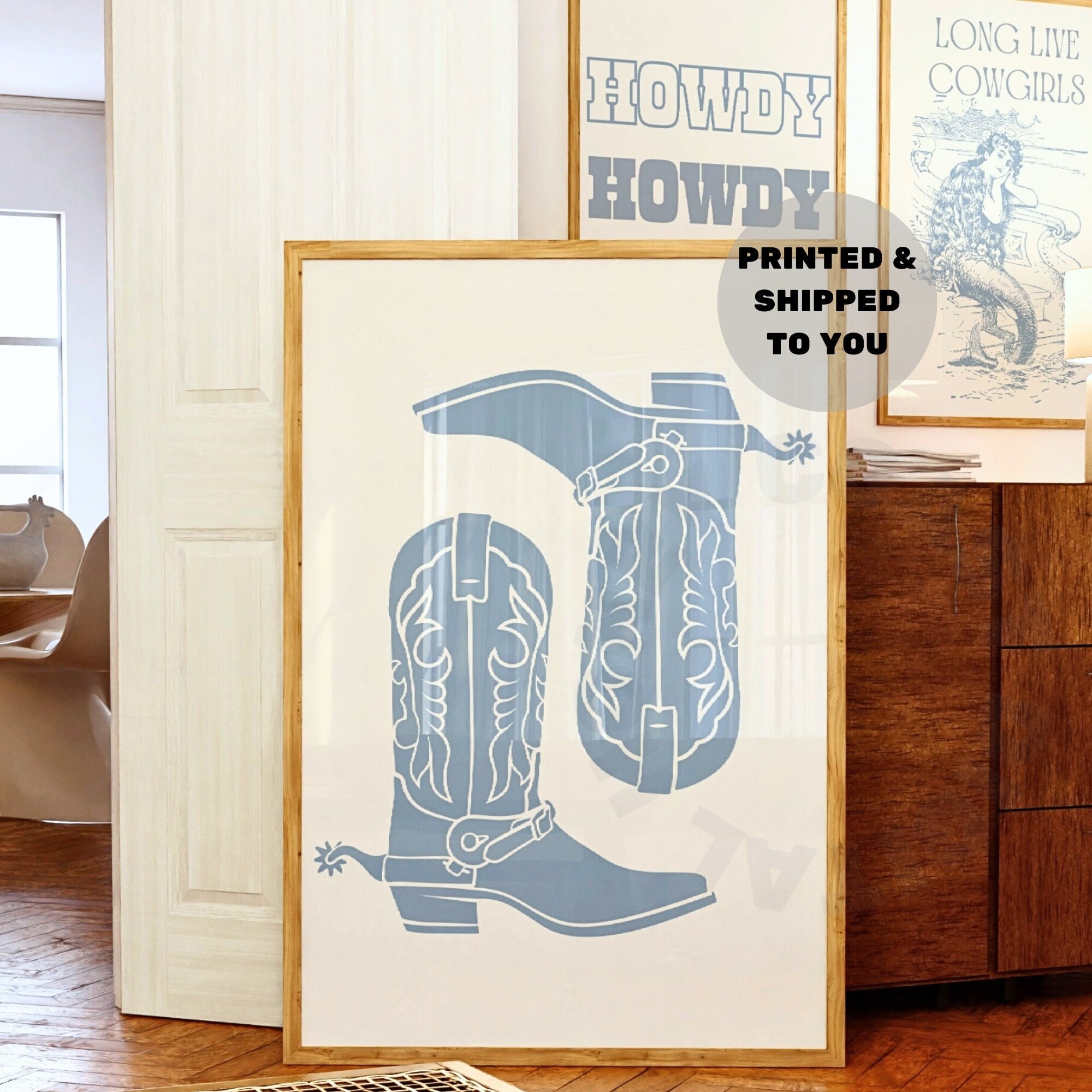 Coastal Cowgirl Poster, Trendy Cowboy Boots Print in Pastel Blue, West ...