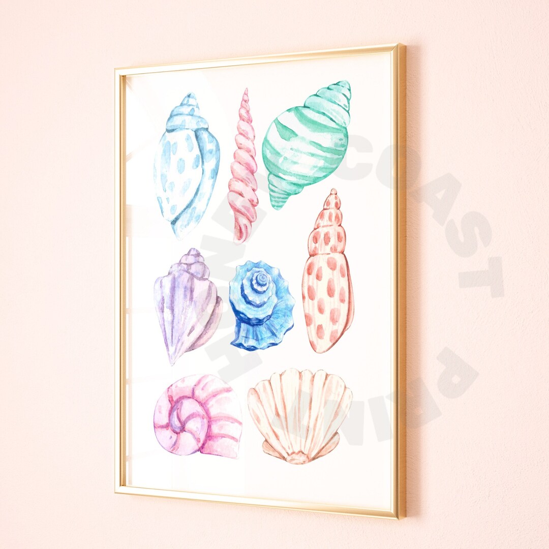 Watercolor Pastel Seashells Digital Print, Trendy Vintage Coastal ...