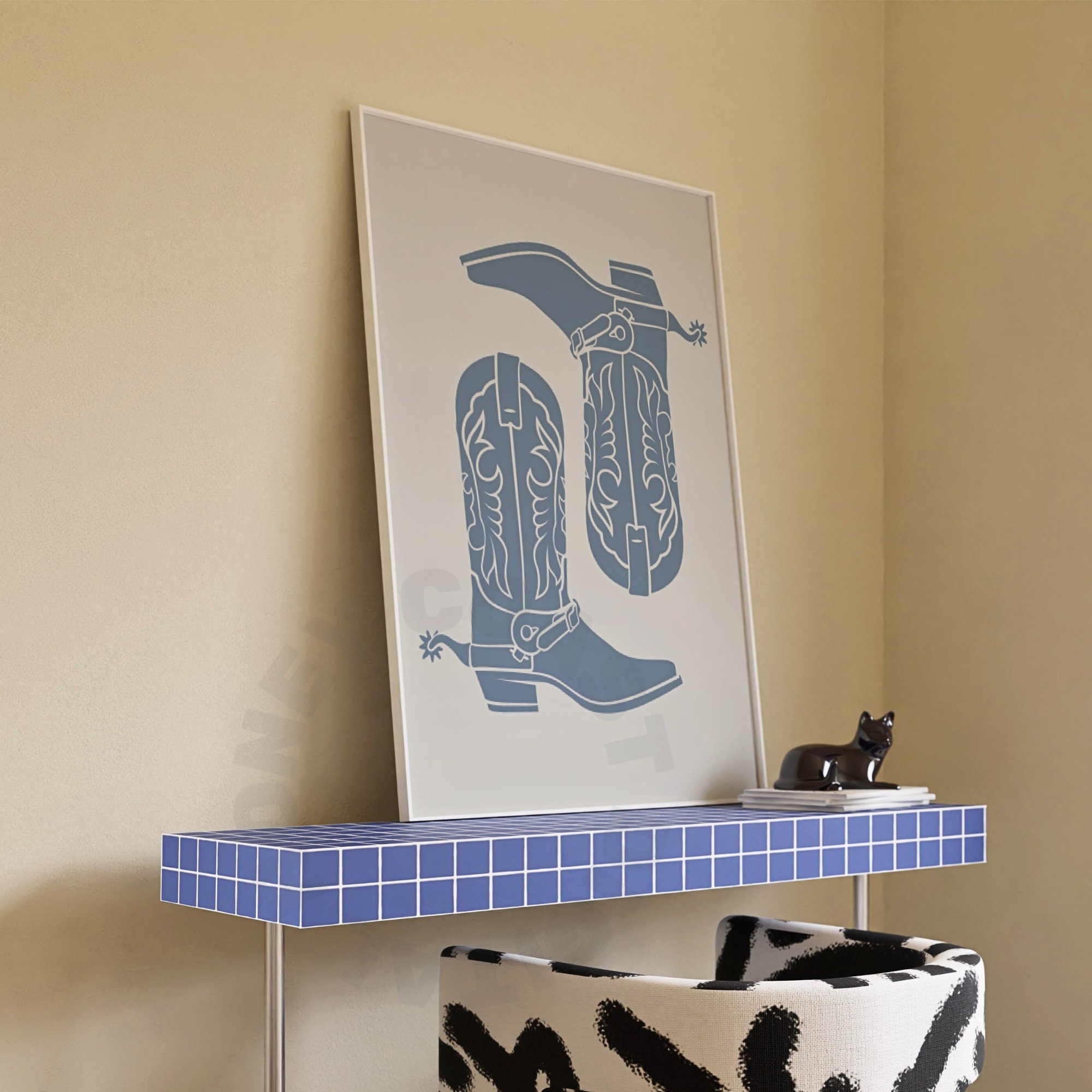 Coastal Cowgirl Poster, Trendy Cowboy Boots Print in Pastel Blue, West ...