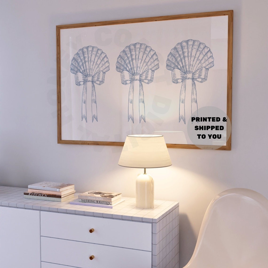 Landscape Seashell With Bow Sketch Print in Coastal Blue, Coastal ...