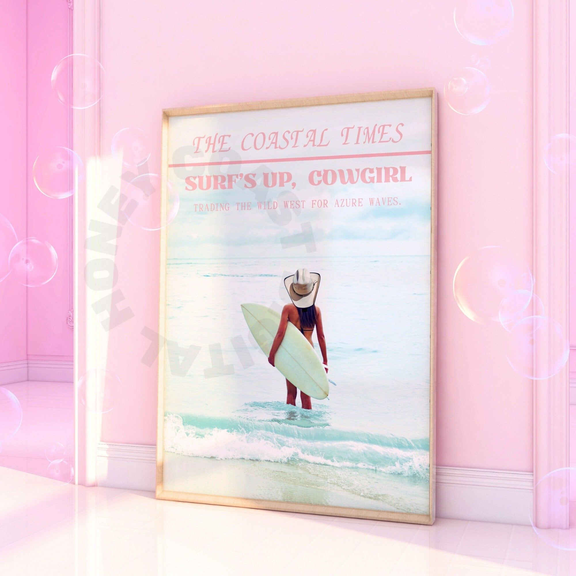 Surfs up Cowgirl Retro Newspaper Digital Print, Trendy Coastal Cowgirl ...