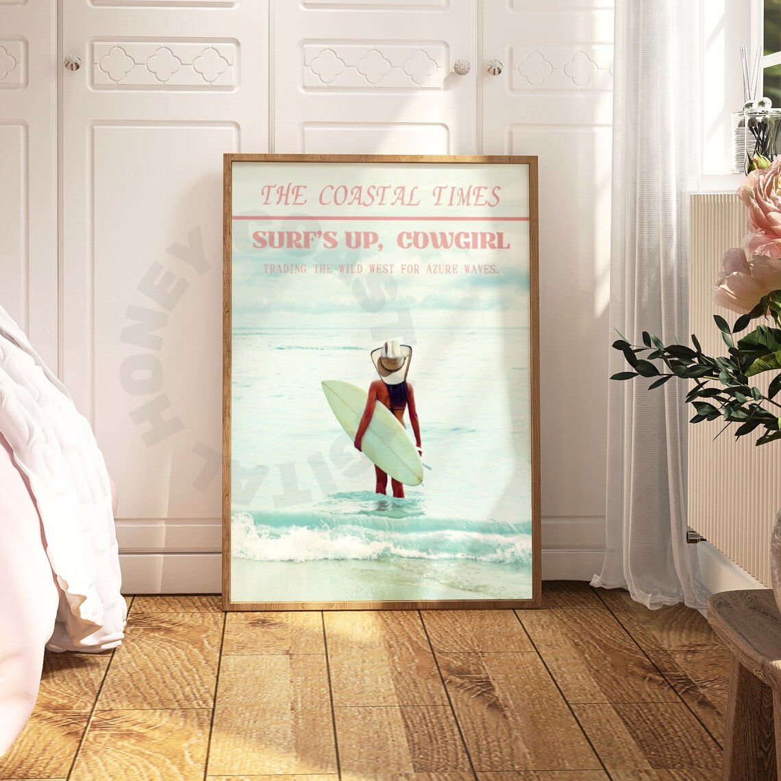 Surfs up Cowgirl Retro Newspaper Digital Print, Trendy Coastal Cowgirl ...
